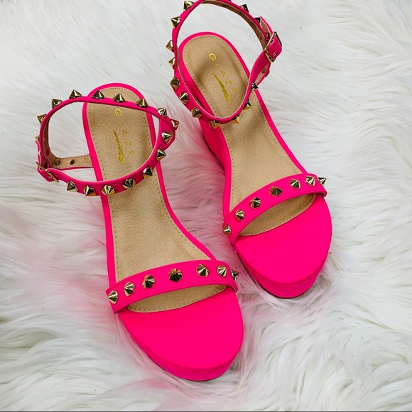 Shoes | Neon Pink Studded Wedge | Poshmark